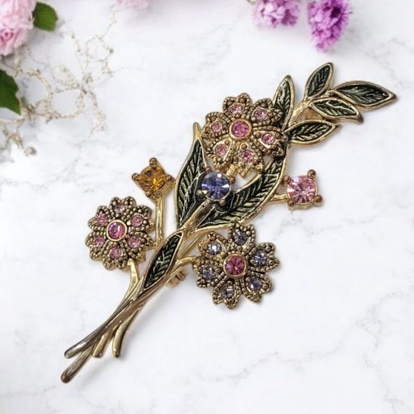 Vintage | Jewelry | Vintage Gold Plated Bouquet Brooch Enamel Gem ...